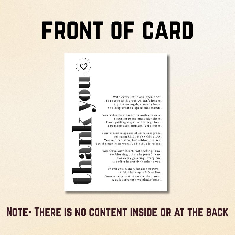 Usher Thank You Card Printable Christian Poem Greeting Card ...