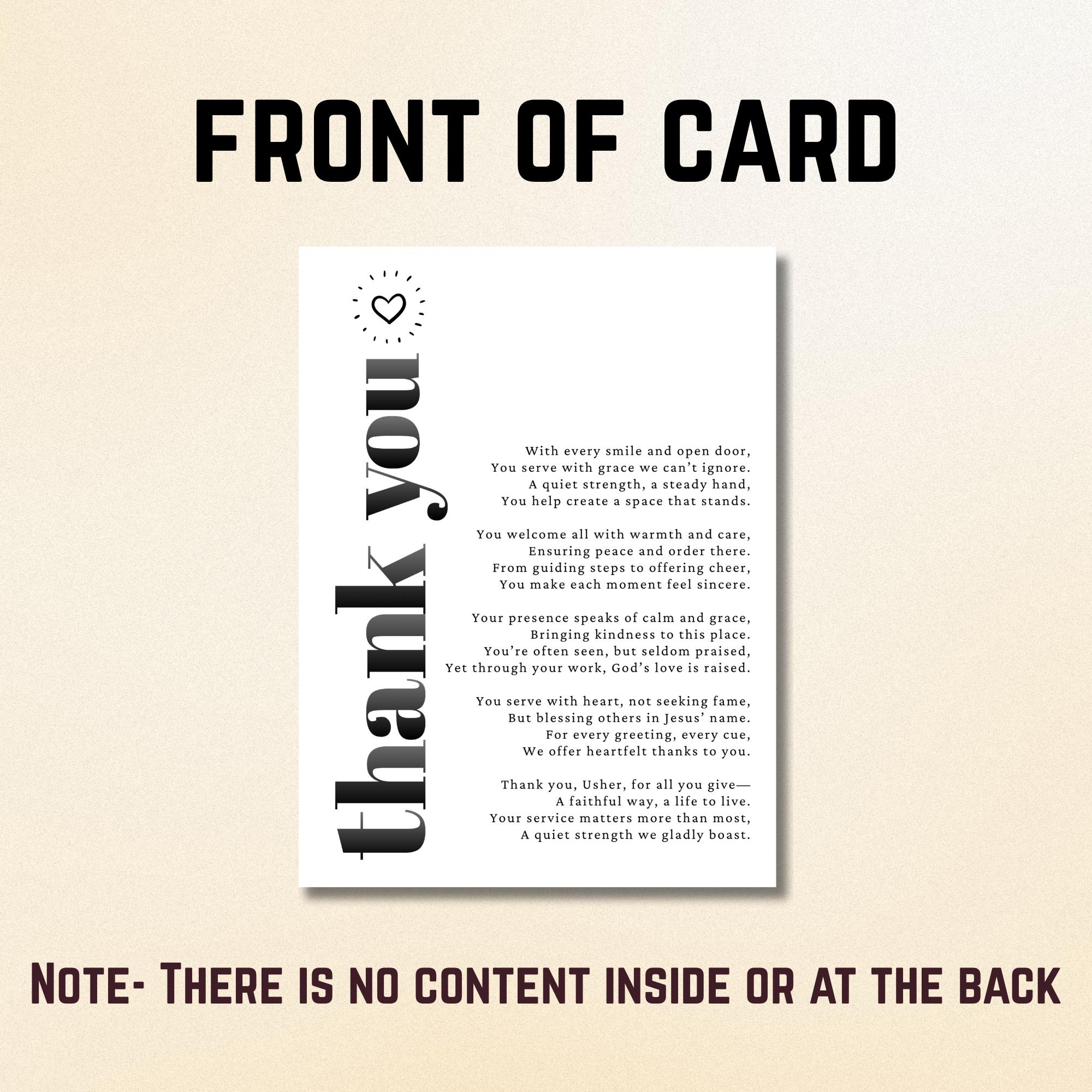 Usher Thank You Card Printable Christian Poem Greeting Card ...
