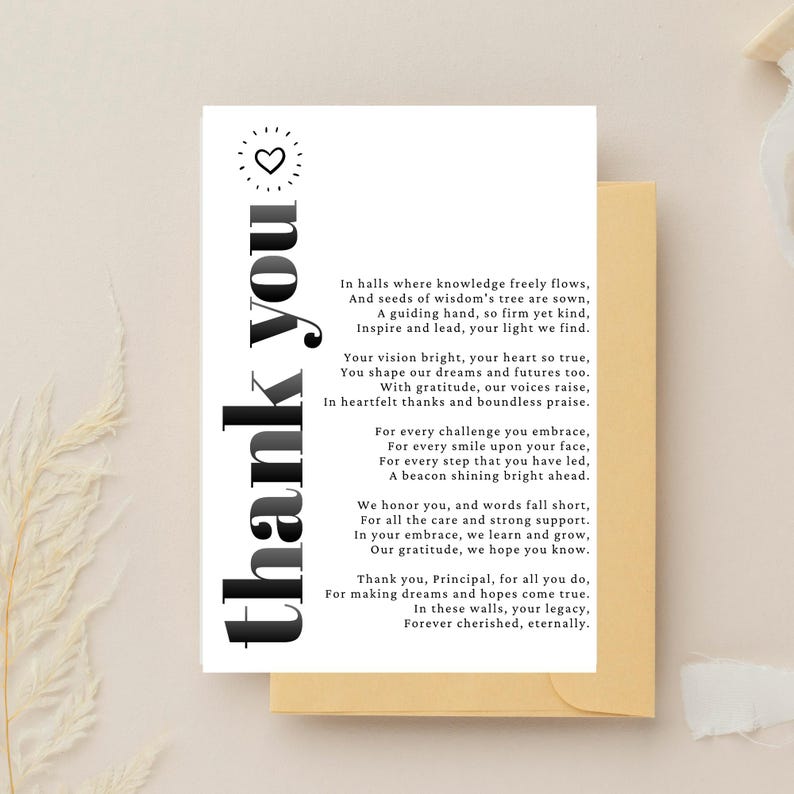 Principal Thank You Poem Printable Greeting Card Digital Download 5x7 ...