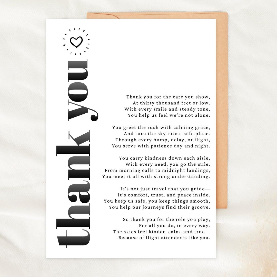 Flight Attendant Thank You Card Printable Travel Gift Air Crew ...