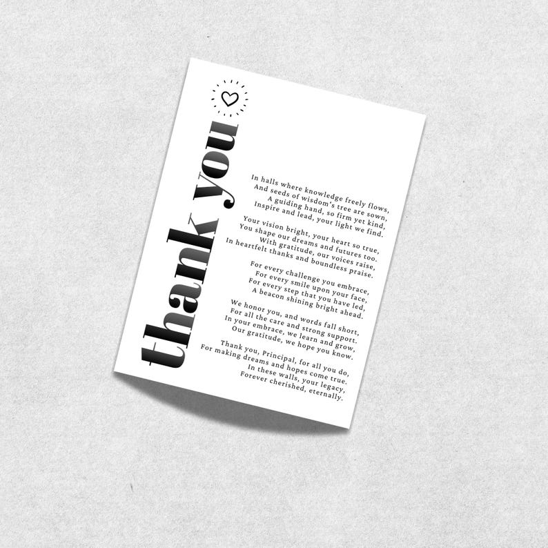 Principal Thank You Poem Printable Greeting Card Digital Download 5x7 ...