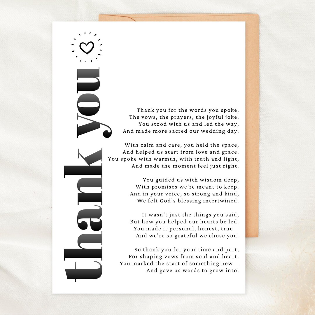 Officiant Thank You Card Printable Wedding Ceremony Appreciation Card ...