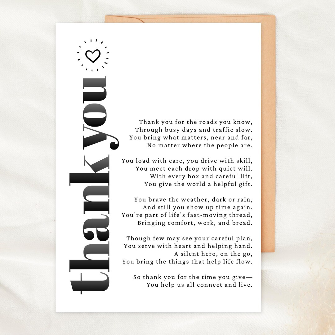 Delivery Driver Thank You Card Printable Delivery Driver Gift Thank You ...