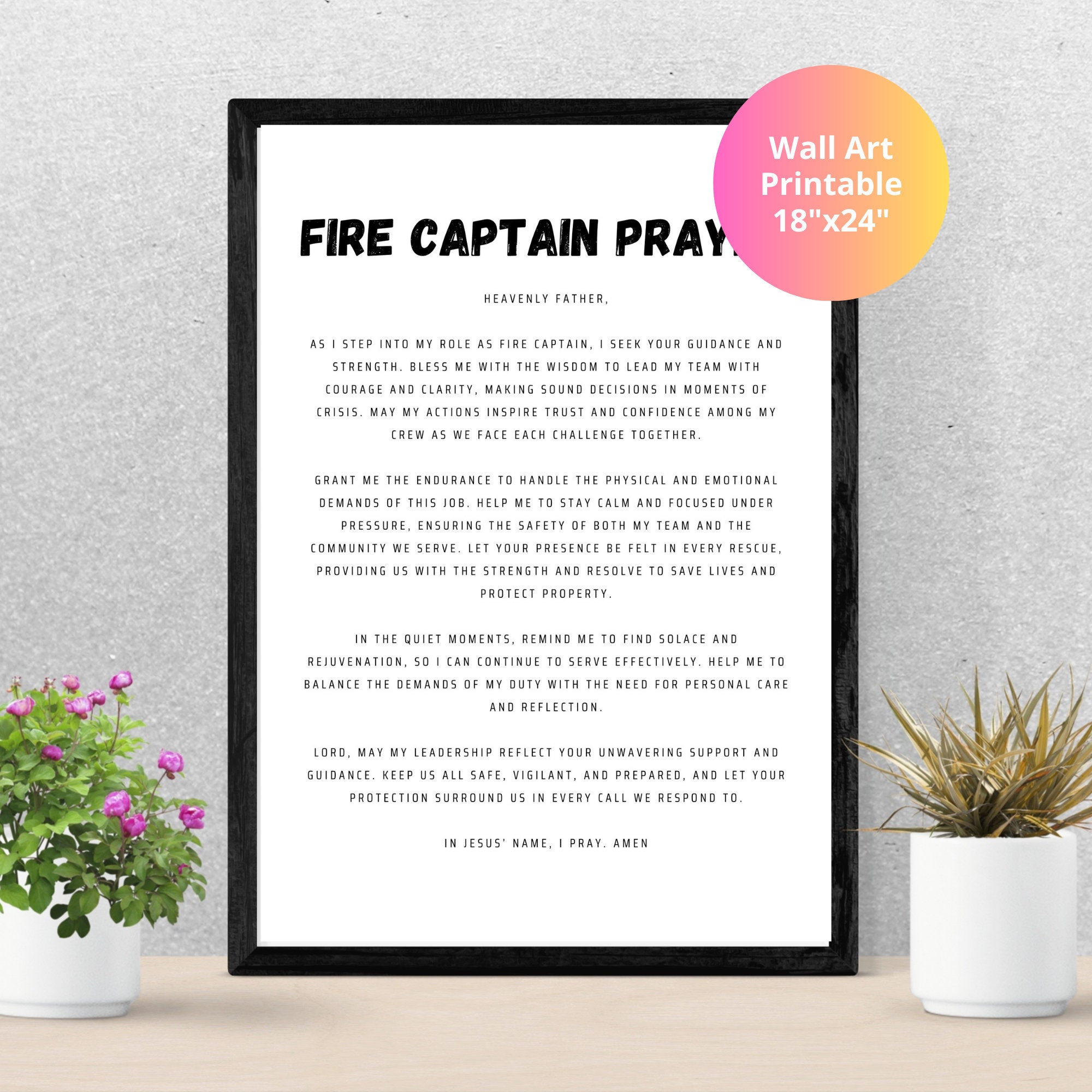 Fire Captain Prayer Wall Art Printable Christian Fire Captain Office ...