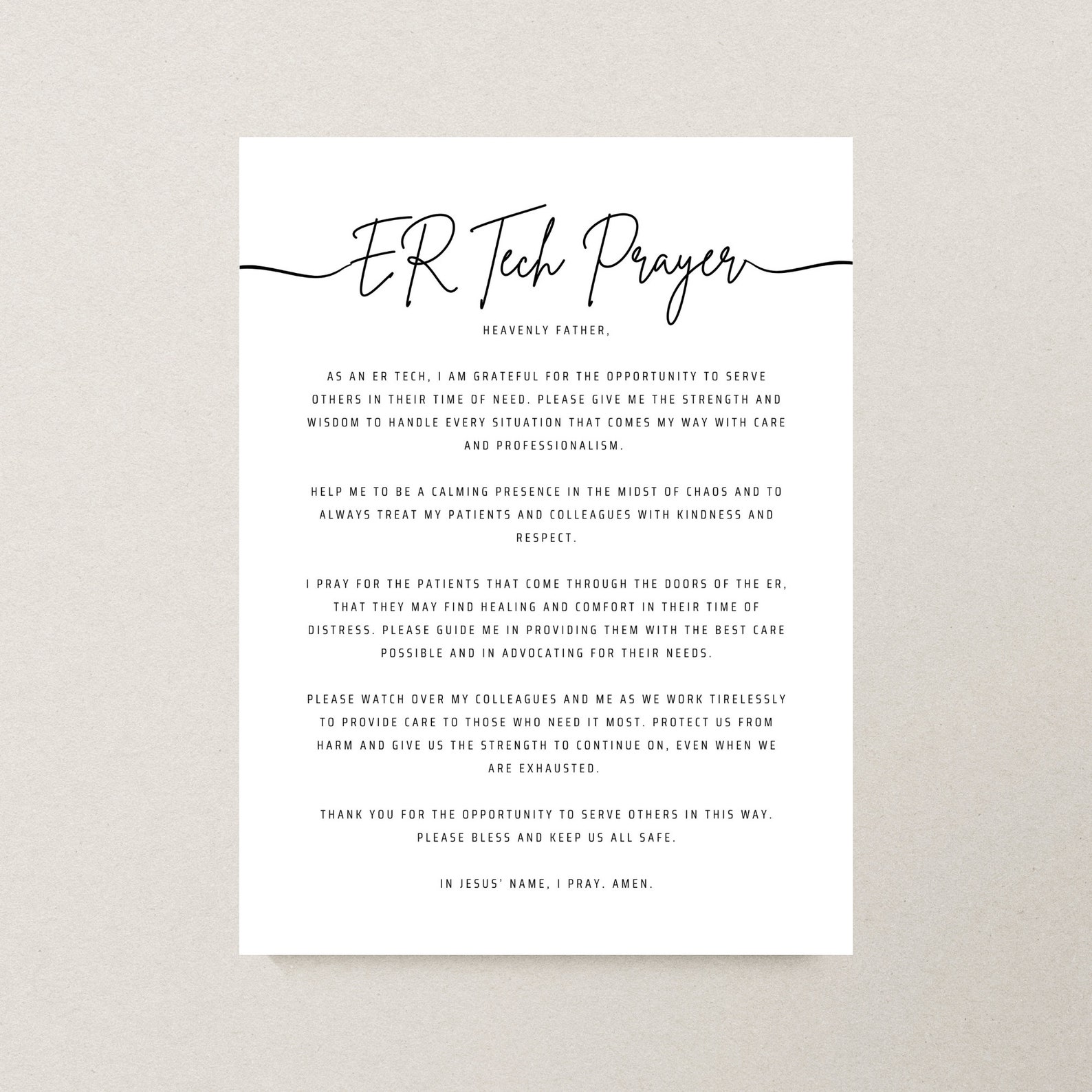 ER Tech Prayer Wall Art Printable Emergency Room Technician Office ...