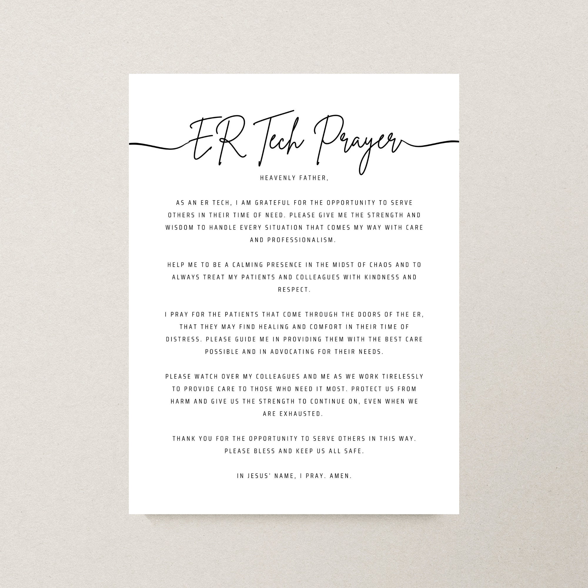 ER Tech Prayer Wall Art Printable Emergency Room Technician Office ...