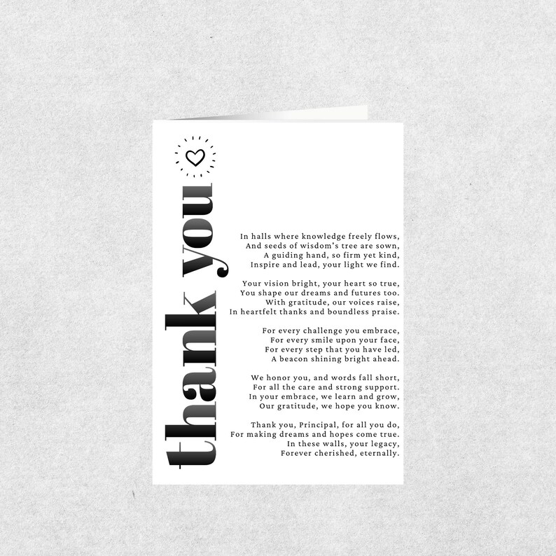 Principal Thank You Poem Printable Greeting Card Digital Download 5x7 ...