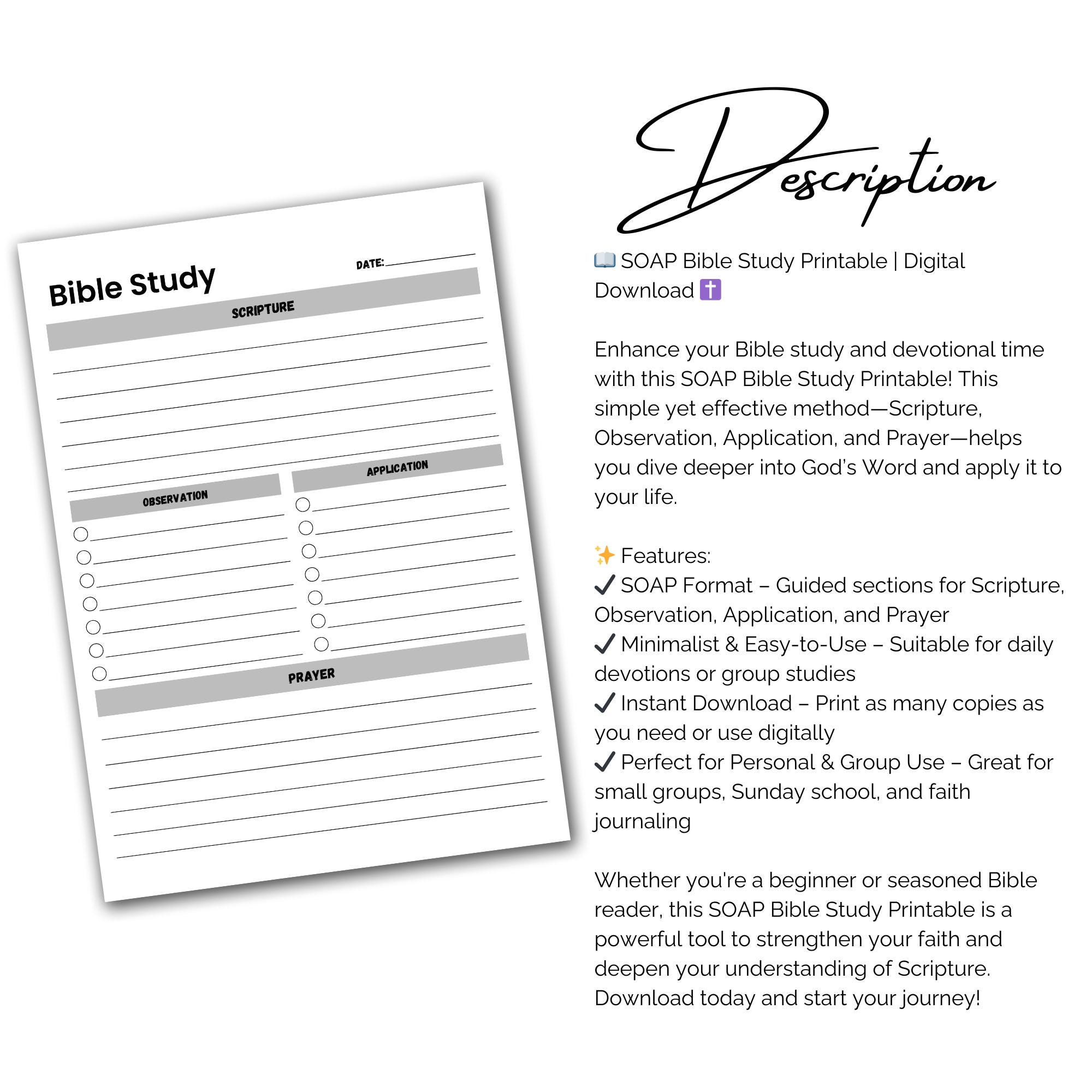 SOAP Bible Study Printable Worksheet Christian Scripture Study Template ...