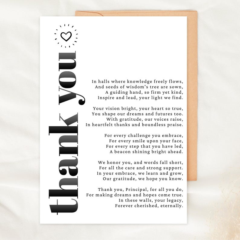 Principal Thank You Poem Printable Greeting Card Digital Download 5x7 ...