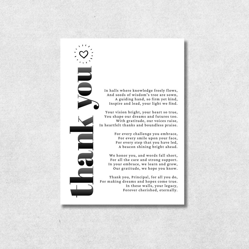 Principal Thank You Poem Printable Greeting Card Digital Download 5x7 ...