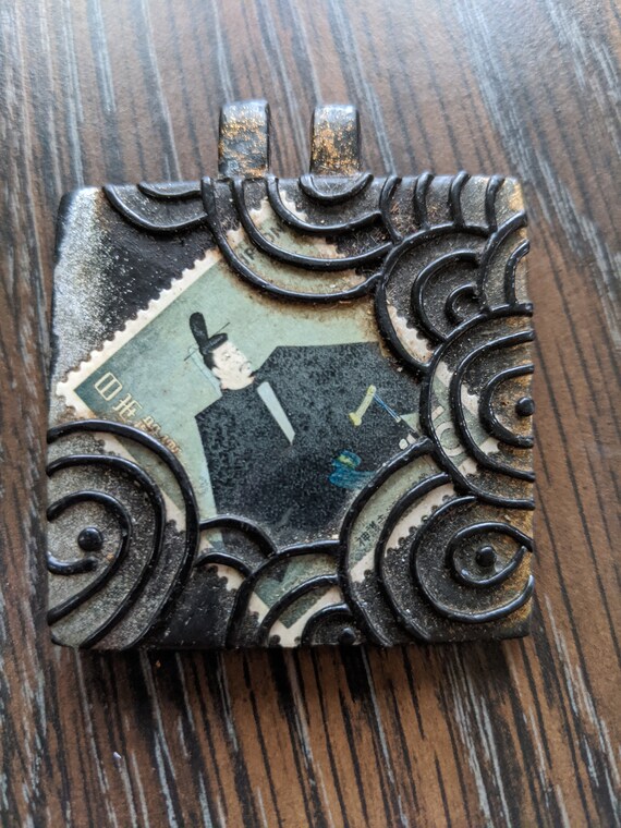 Polymer Clay Pin Brooch with Japanese Stamp Collage b… - Gem
