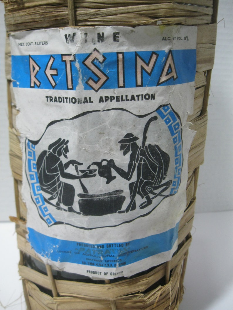 Vintage Large Retsina Wicker Covered Bottle With Blue & White Label ...