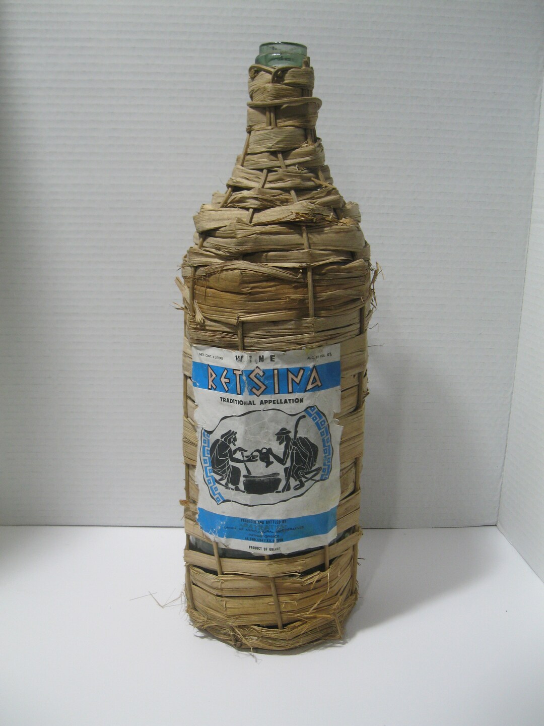 Vintage Large Retsina Wicker Covered Bottle With Blue & White Label ...