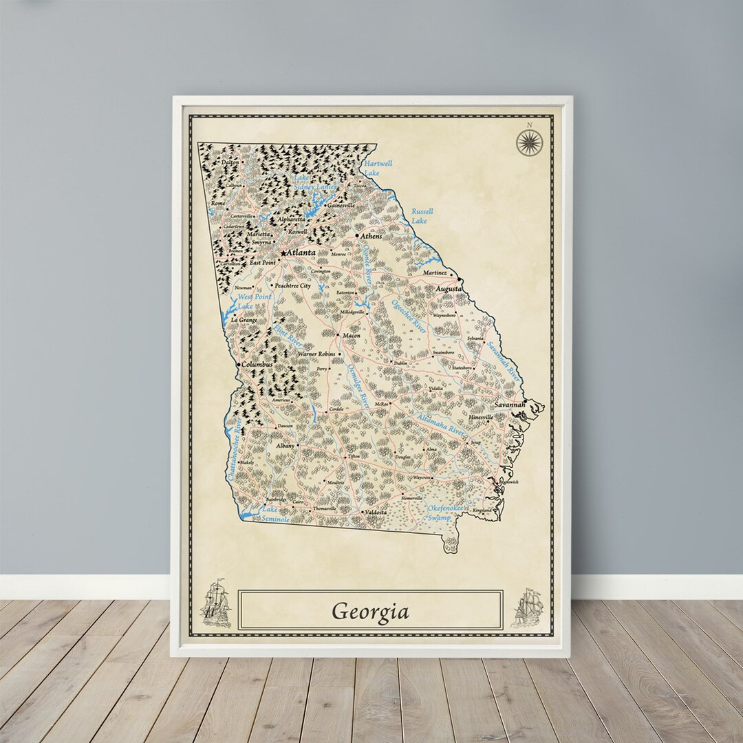 Georgia Map Print, US Art, Map of Georgia, USA Sepia Map, Georgia ...