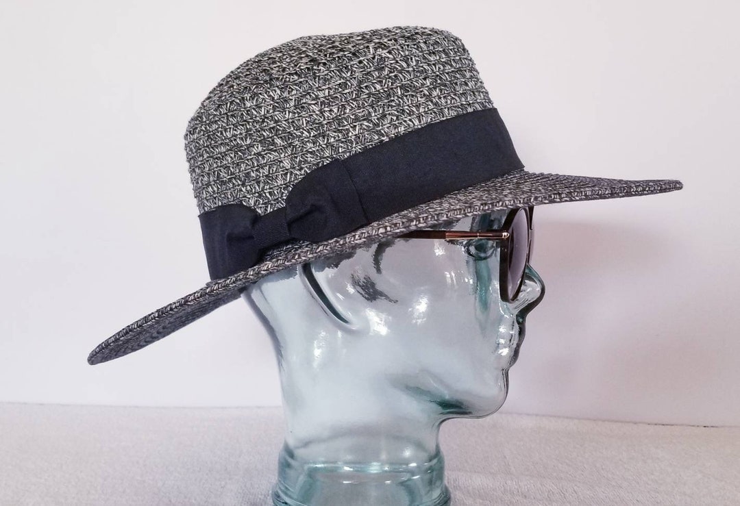 14 Classic Open Weave Crown Sun, Black/gray Straw Boat Hat With ...