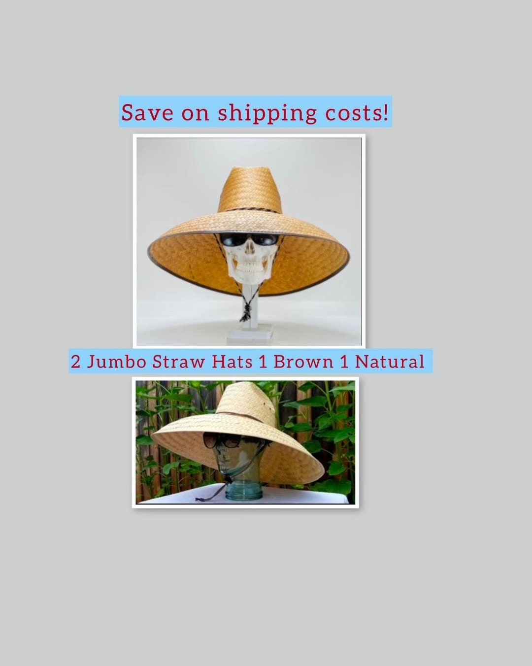 Save! 2 Jumbo Straw Hats, 1 Nat. & 1 Brown Color, Maximum Sun Coverage ...