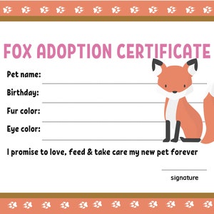 Fox Adoption Certificate, Adoption Certificate, Certificate, Plushie ...