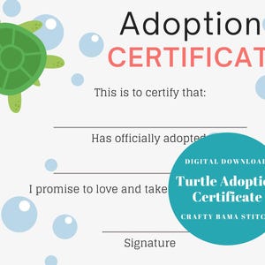 Turtle Adoption Certificate, Adoption Certificate, Certificate, Plushie ...