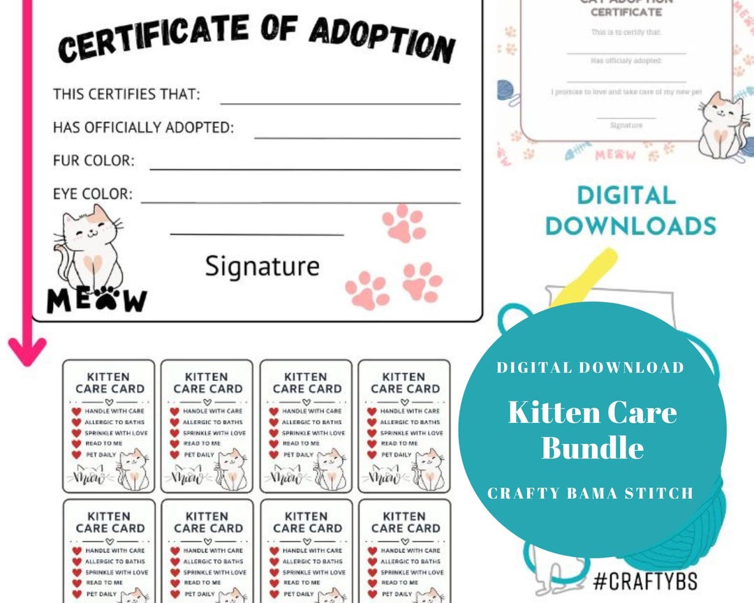 Kitten PDF Bundle, Adoption Certificate, Care Card, Plushie Care, Care ...