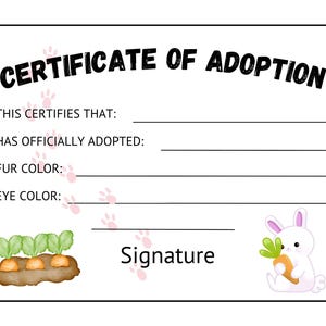 Bunny Adoption Certificate, Adoption Certificate, Certificate, Plushie ...