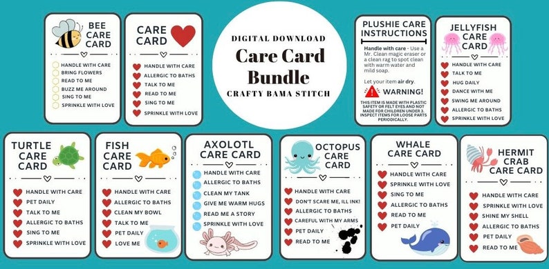 Bundle - Care Cards, Animal Care Card, Plushie Care Card, Crochet Care ...