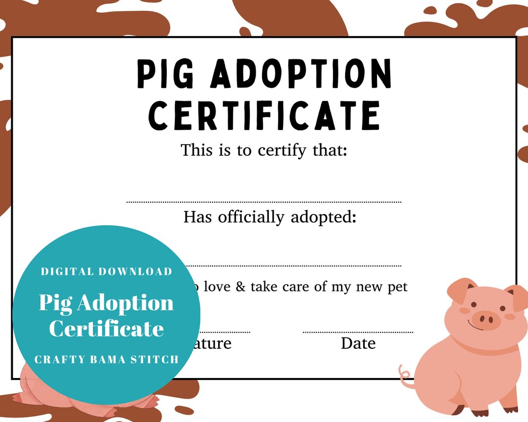 Pig Adoption Certificate, Adoption Certificate, Certificate, Plushie ...