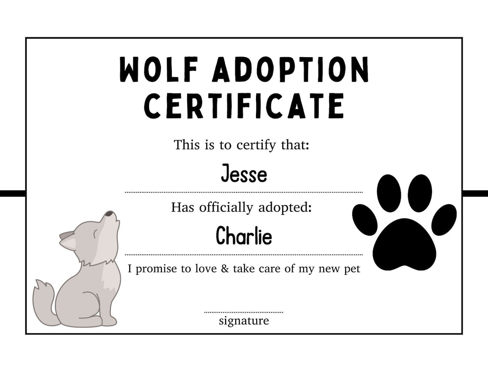 Wolf Adoption Certificate Adoption Certificate Certificate - Etsy