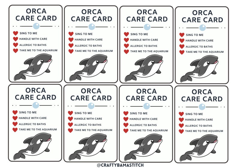 Orca Care Cards, Care Card, Orca Care, Plushie Care Card, Crochet Care ...