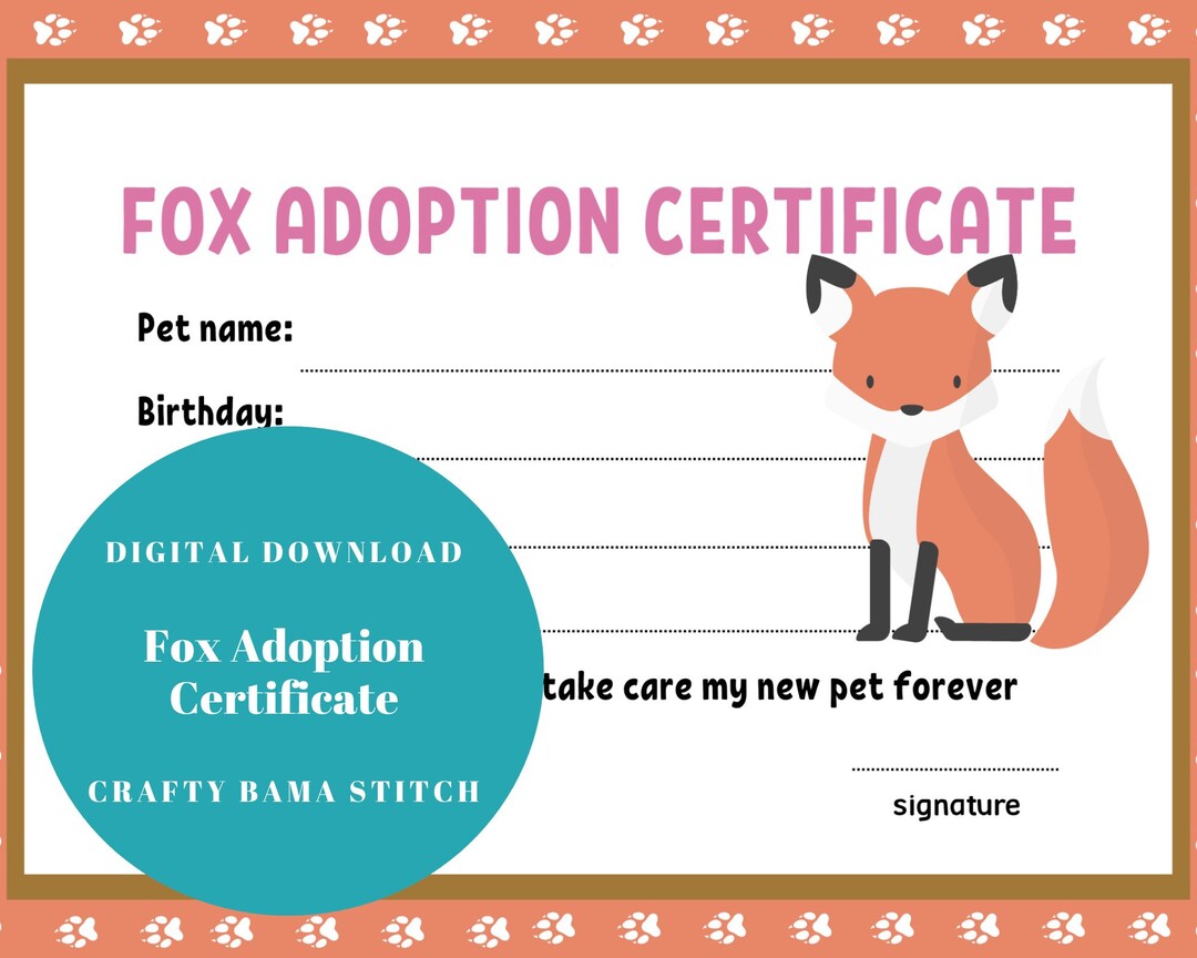 Fox Adoption Certificate, Adoption Certificate, Certificate, Plushie ...