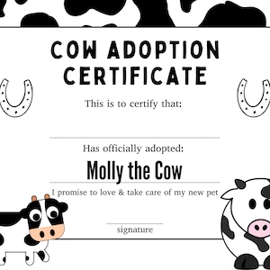 Cow Adoption Certificate, Adoption Certificate, Certificate, Plushie ...