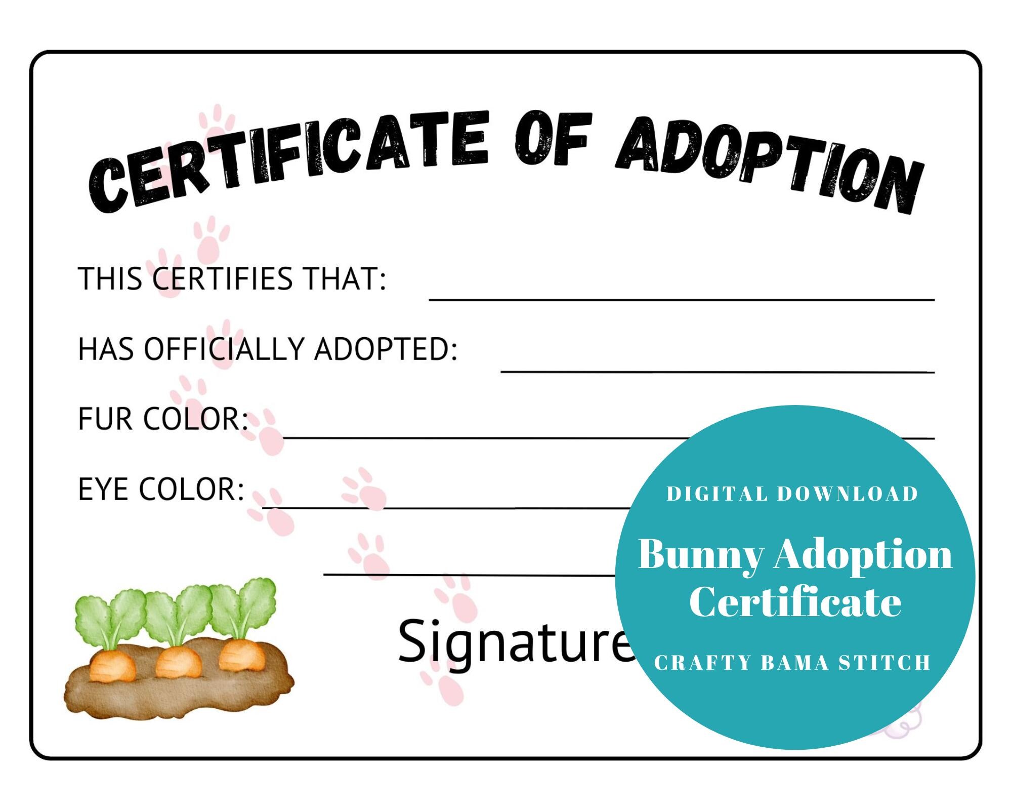 Bunny Adoption Certificate, Adoption Certificate, Certificate, Plushie ...