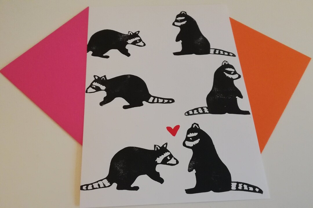 Original Linocut Print, Raccoon Linocut, Valentine's Day Picture, Small ...