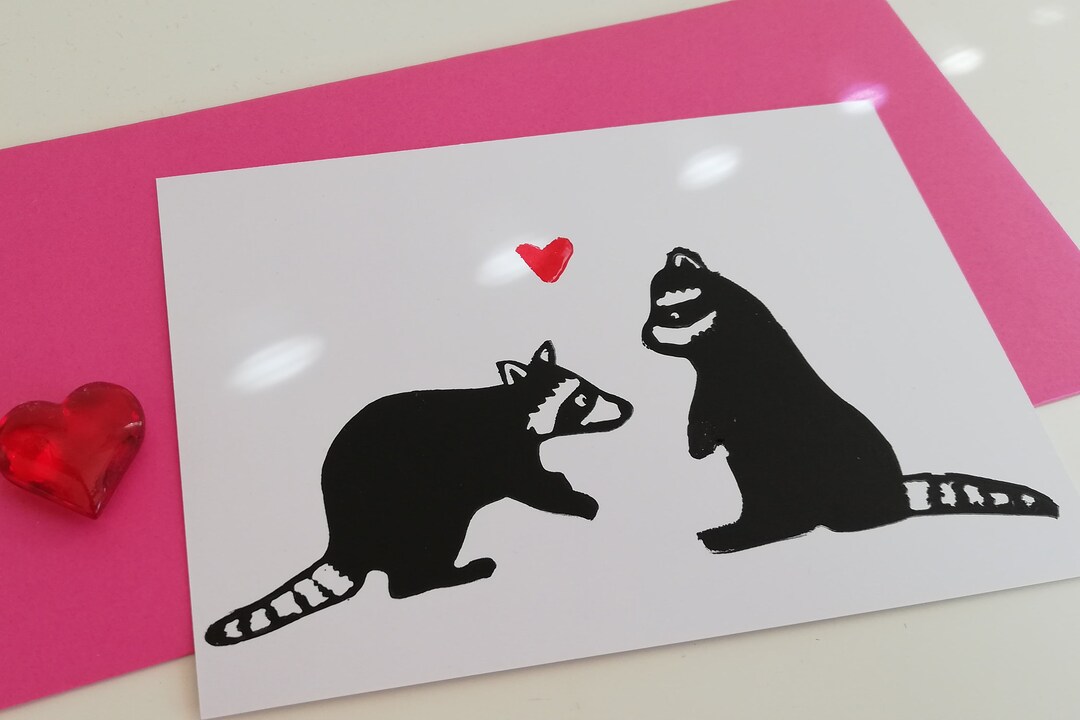Linoprint Raccoon Postcard Raccoon Family Linocut Forest - Etsy