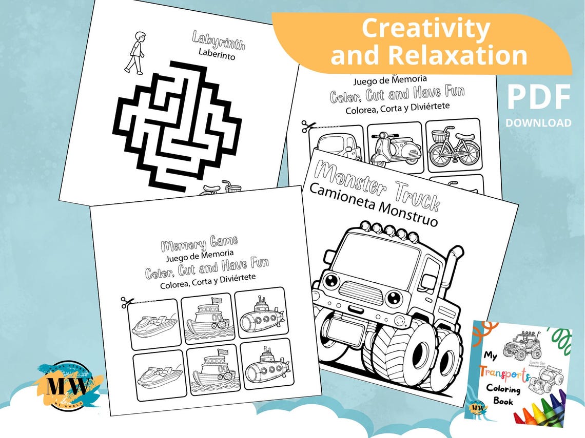 My Transport Coloring Book 40 Drawings of Sports and Family Cars, Food ...