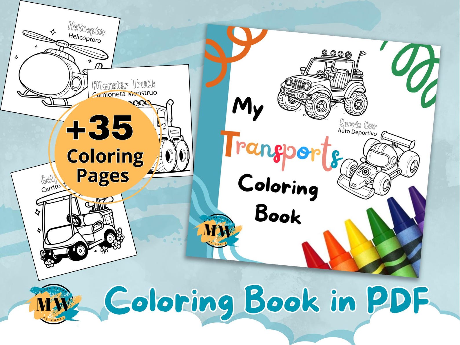 My Transport Coloring Book 40 Drawings of Sports and Family Cars, Food ...
