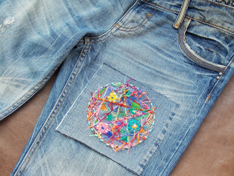 Abstract Hippie Hand Embroidered Denim Sew-on Patch for Visible Mending ...