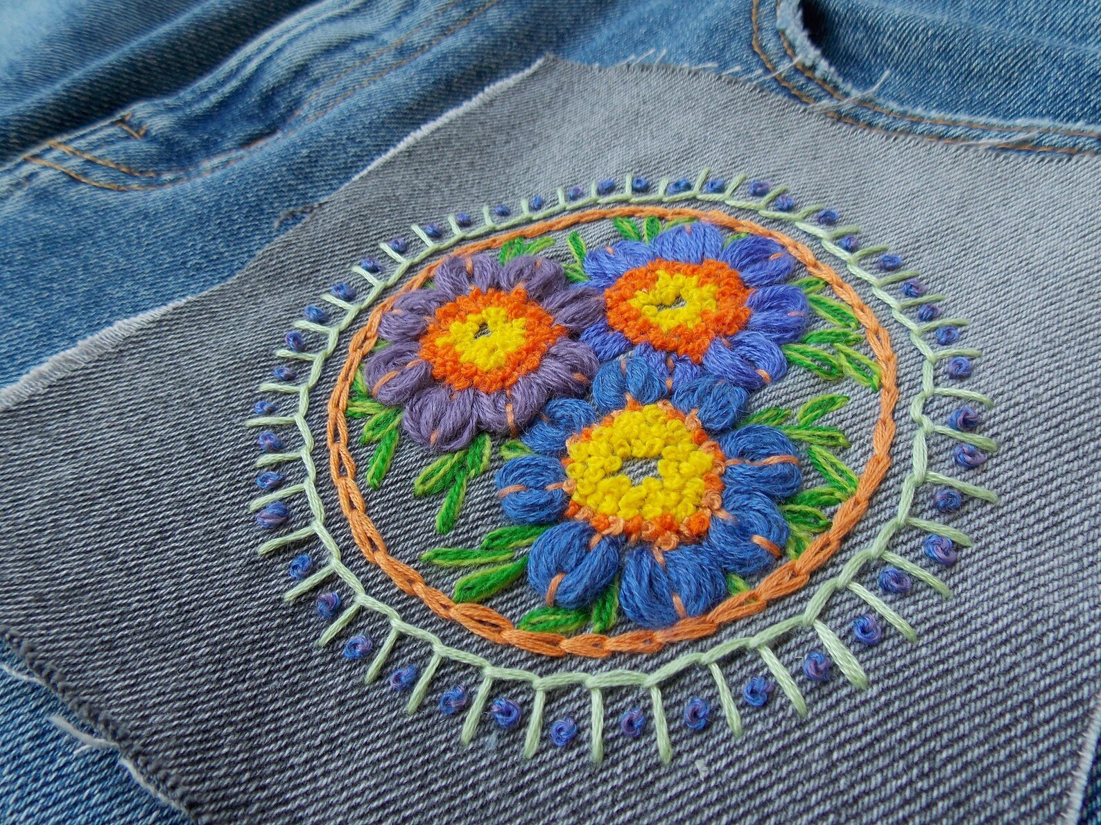 Hand Embroidered Flowers Sew-on Denim Patch; Boho Slow Stitched Patch ...
