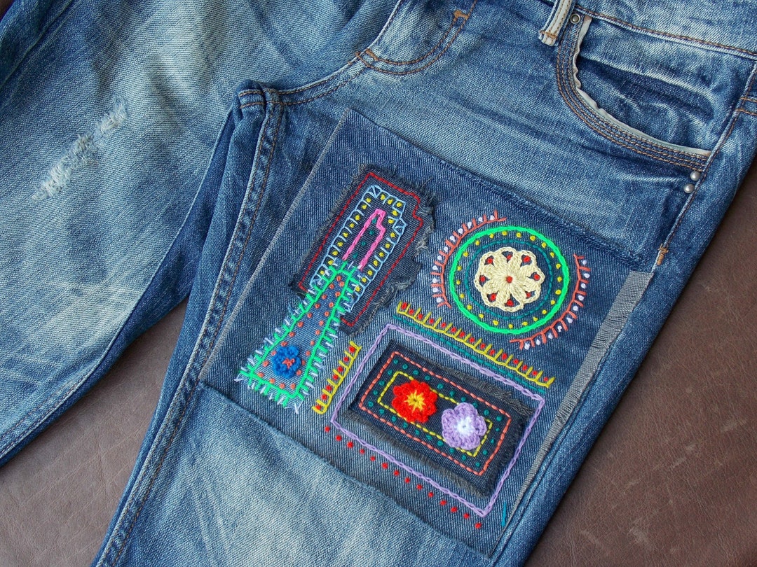 Hand-embroidered Denim Patch: Neon Boho Applique (7.9" X 7") - Etsy
