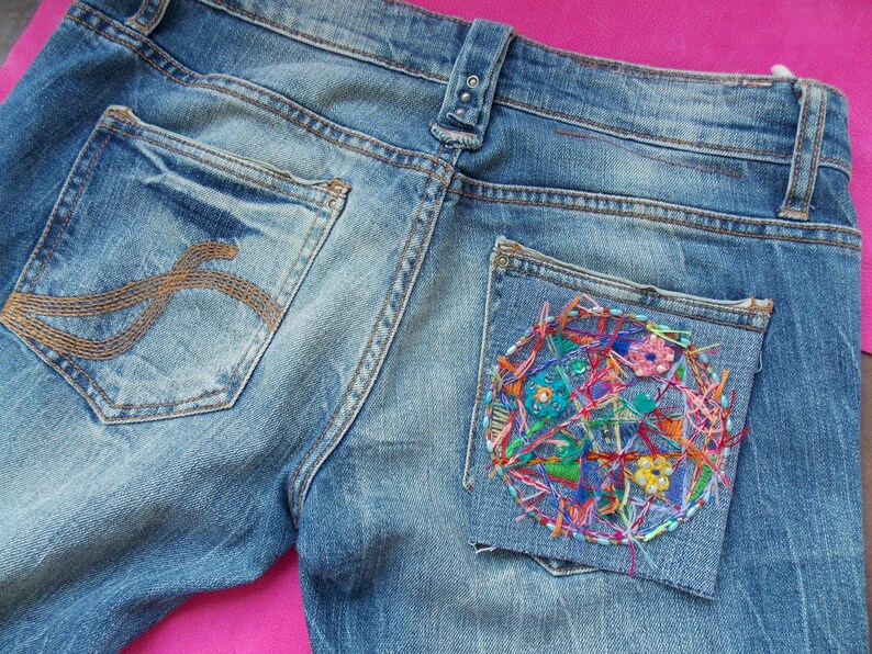Abstract Hippie Hand Embroidered Denim Sew-on Patch for Visible Mending ...