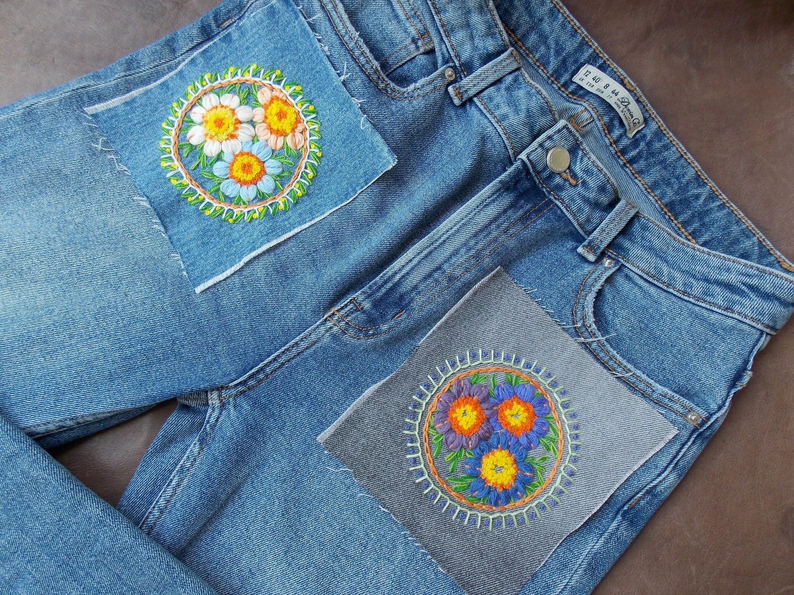Hand Embroidered Flowers Sew-on Denim Patch; Boho Slow Stitched Patch ...