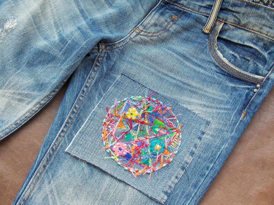 Abstract Hippie Hand Embroidered Denim Sew-on Patch for - Etsy