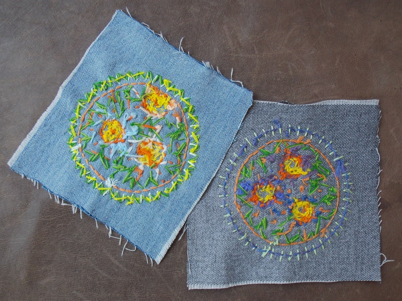 Hand Embroidered Flowers Sew-on Denim Patch; Boho Slow Stitched Patch ...