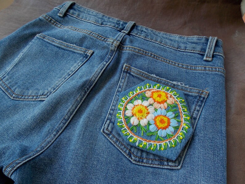 Hand Embroidered Flowers Sew-on Denim Patch; Boho Slow Stitched Patch ...