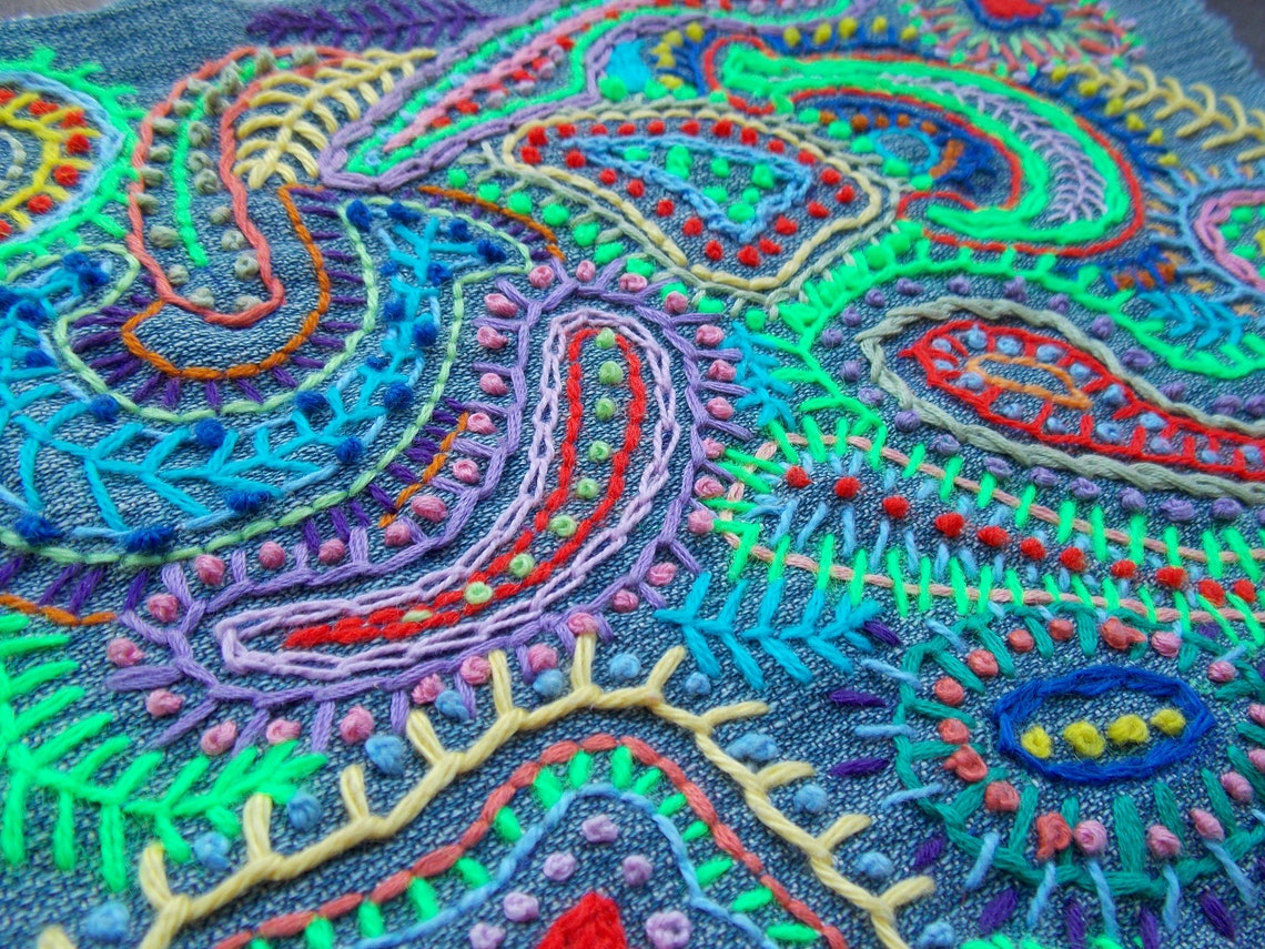 Large Hand Embroidered Denim Patch Abstract Multicolored Embroidery ...