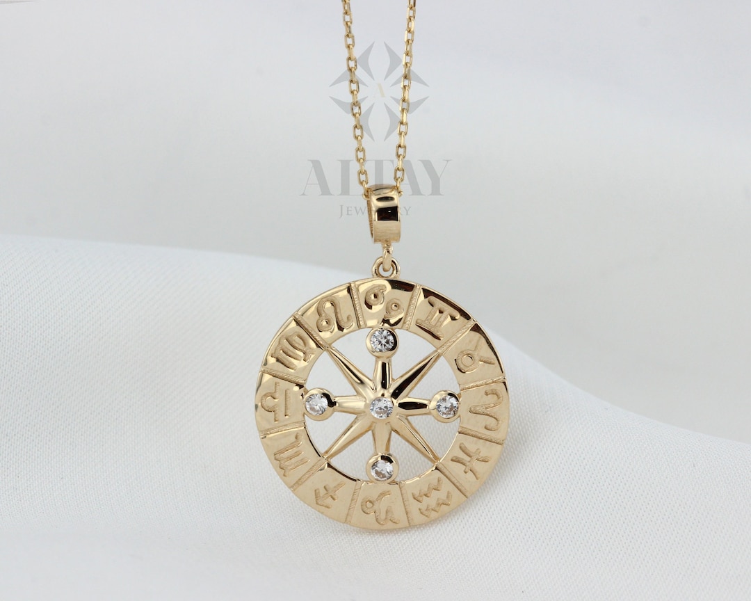 14K Gold Zodiac Compass Necklace, Horoscope Sign Coin Pendant ...