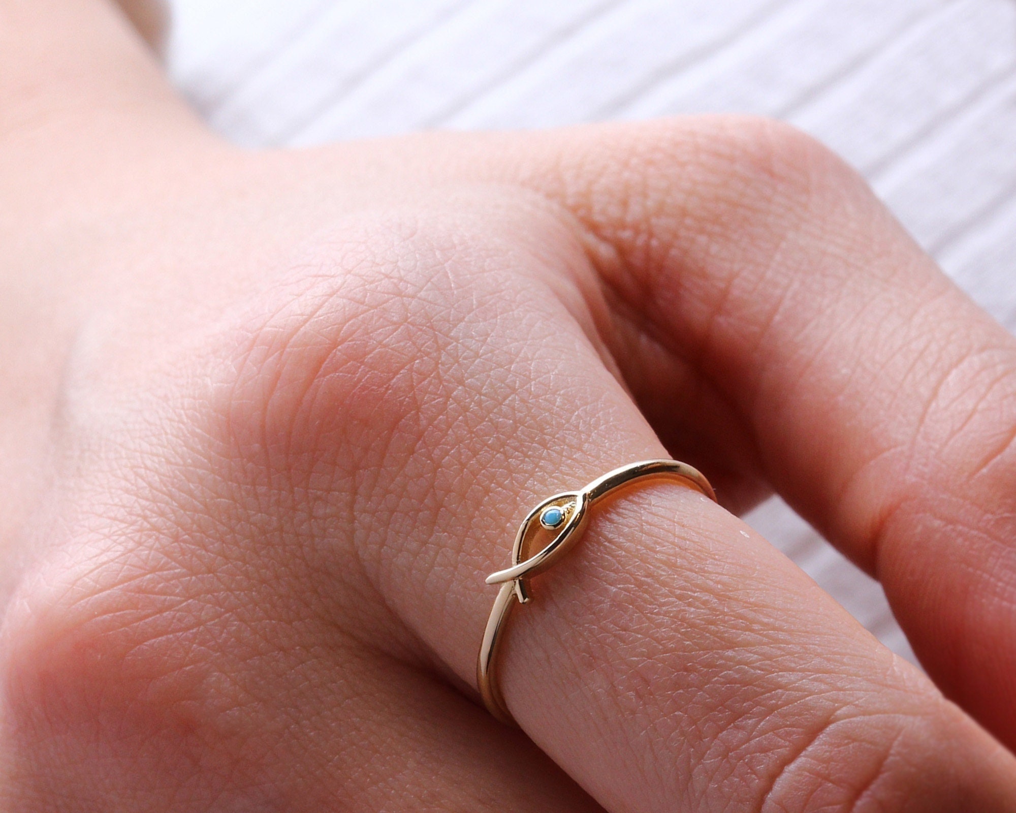 14K Gold Fish Ring Ichthus Fish Minimal Ring Turquoise - Etsy