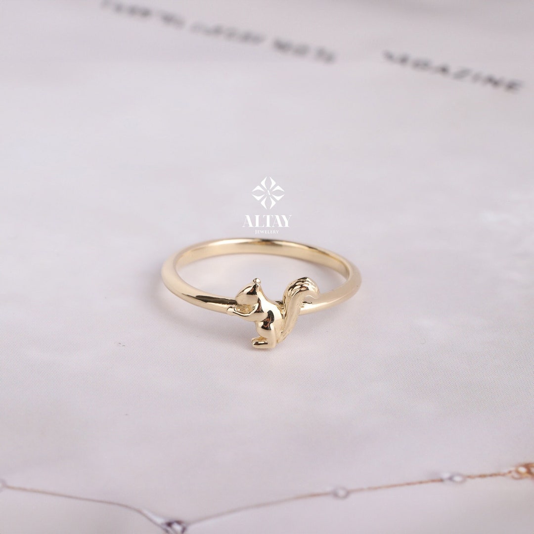 14K Gold Squirrel Ring, Solid Gold Squirrel Ring, Dainty Squirrel Ring, Unique Pointer Finger ...