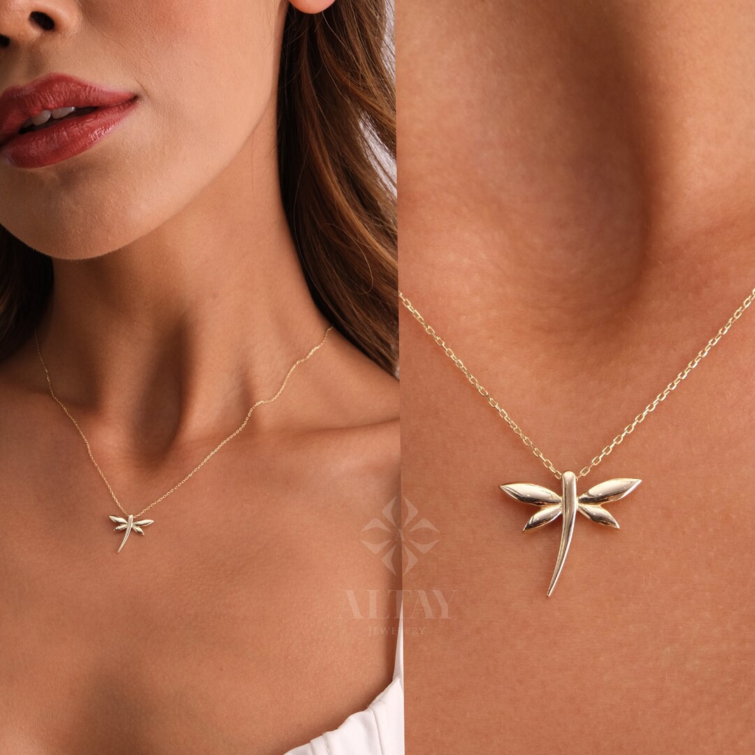 14K Gold Dragonfly Necklace, Dragonfly Charm Pendant, Minimalist ...