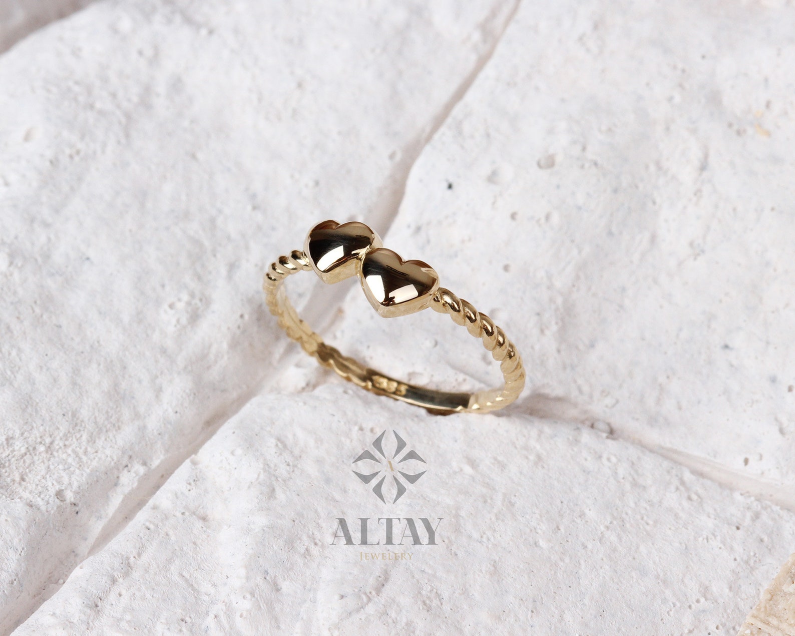 14K Solid Gold Heart Ring, Double Heart Dainty Ring, Promise Ring ...