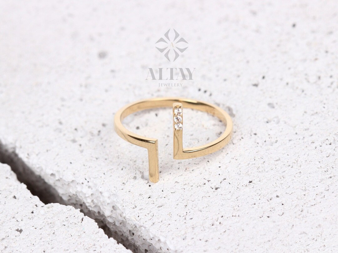 14K Gold T Bar Open Ring, Cuff Band Ring, T Paralel Ring, Parallel T ...